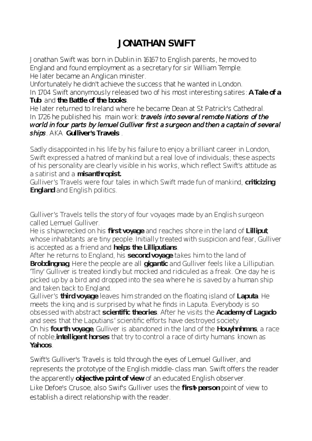 ENG 101: Jonathan Swift - Appunti e Riassunti di "Gulliver's Travels ...