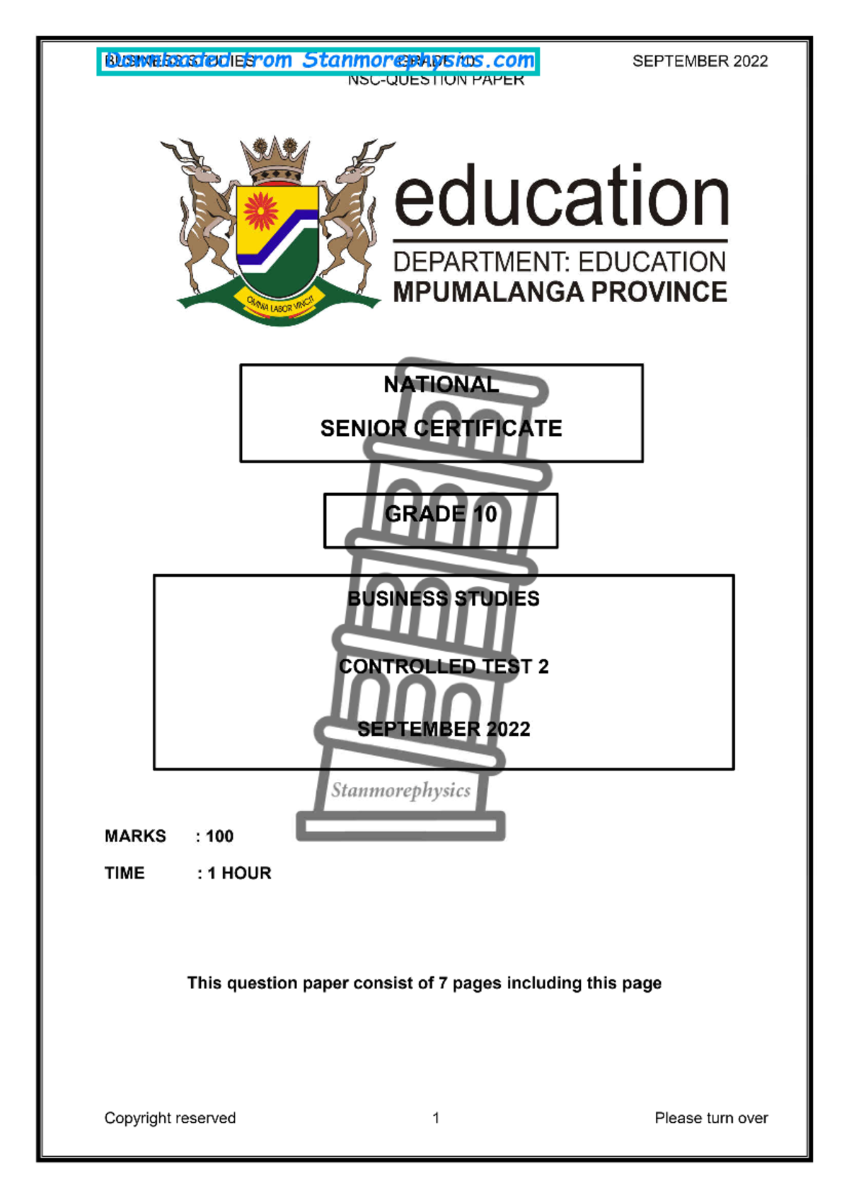 Grade 10 Business Studies Controlled Test 2 Sept 2022 QP & Memo - Studocu