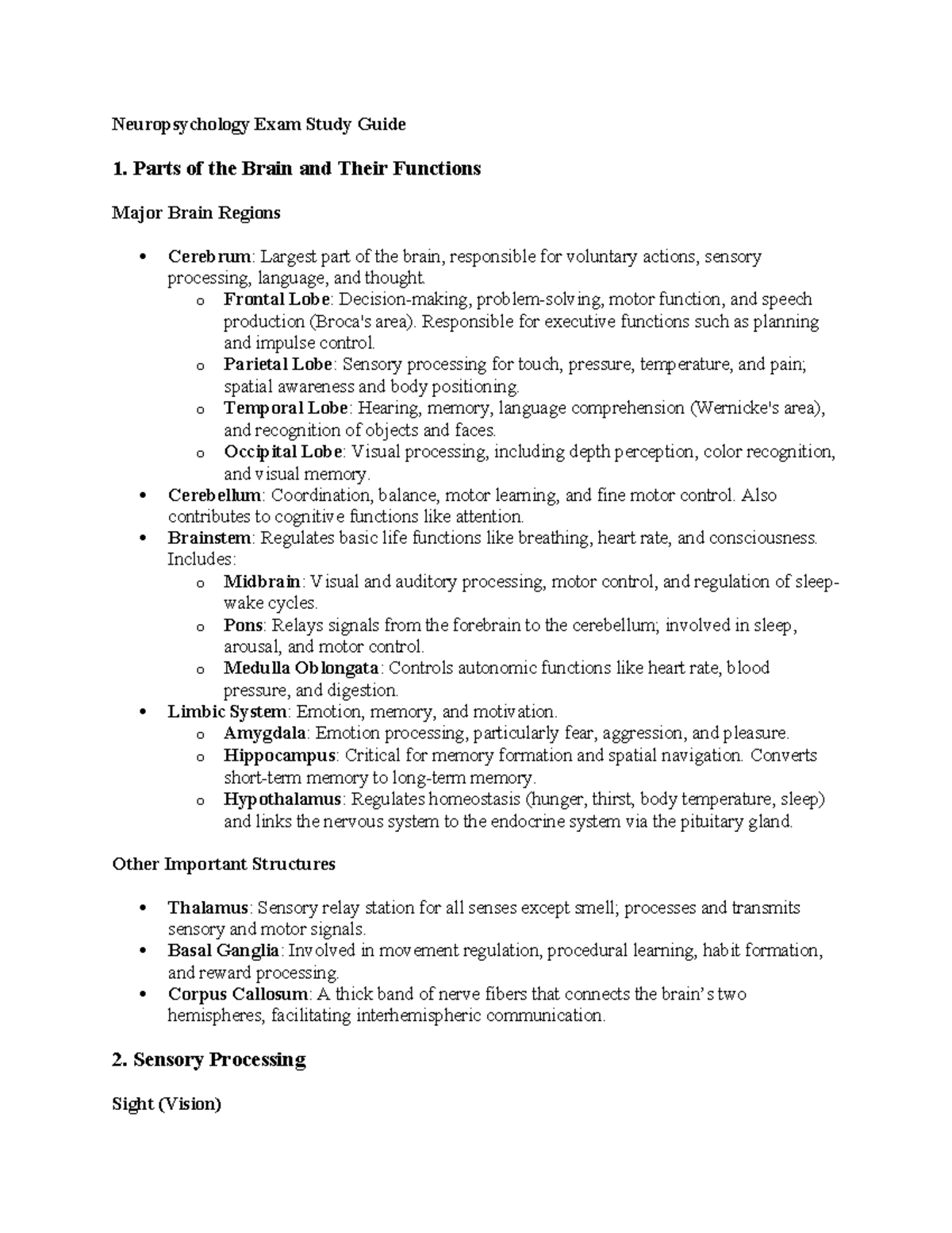 Neuropsychology Exam Study Guide: Brain Functions & Sensory Processing ...