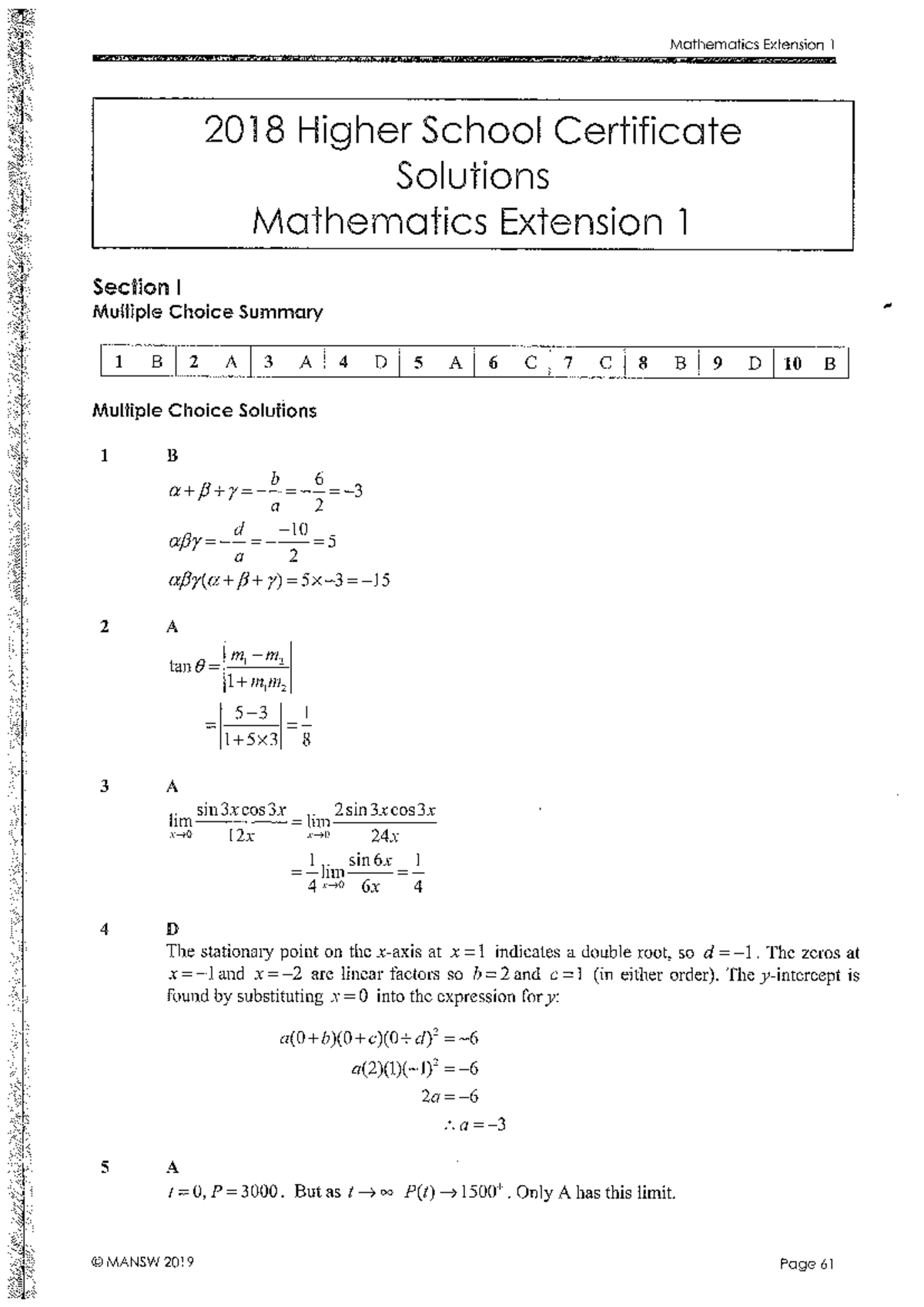 Mathematics Extension 1 2018 HSC Solutions: Multiple Choice Summary ...