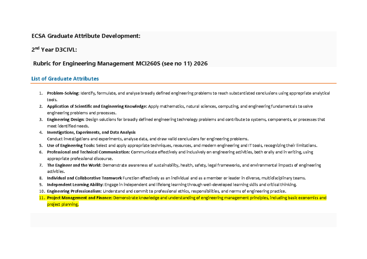 Marking Rubric for MCI260S Project Management & Finance 2026 - Studocu