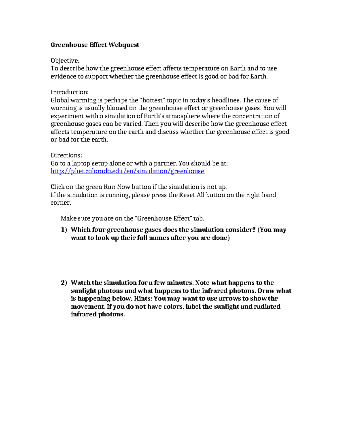 Greenhouse Effect Webquest-1: Exploring Temperature Changes & Gases ...