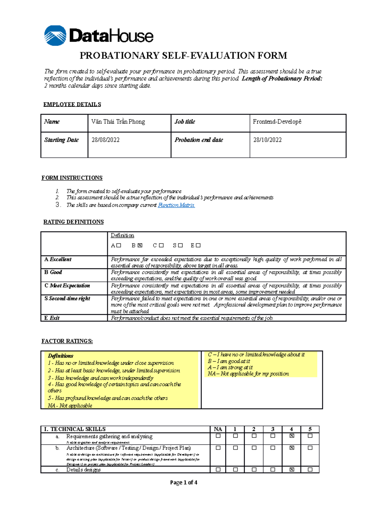 Form 01 - Probation Self Evaluation Form - PROBATIONARY SELF-EVALUATION ...
