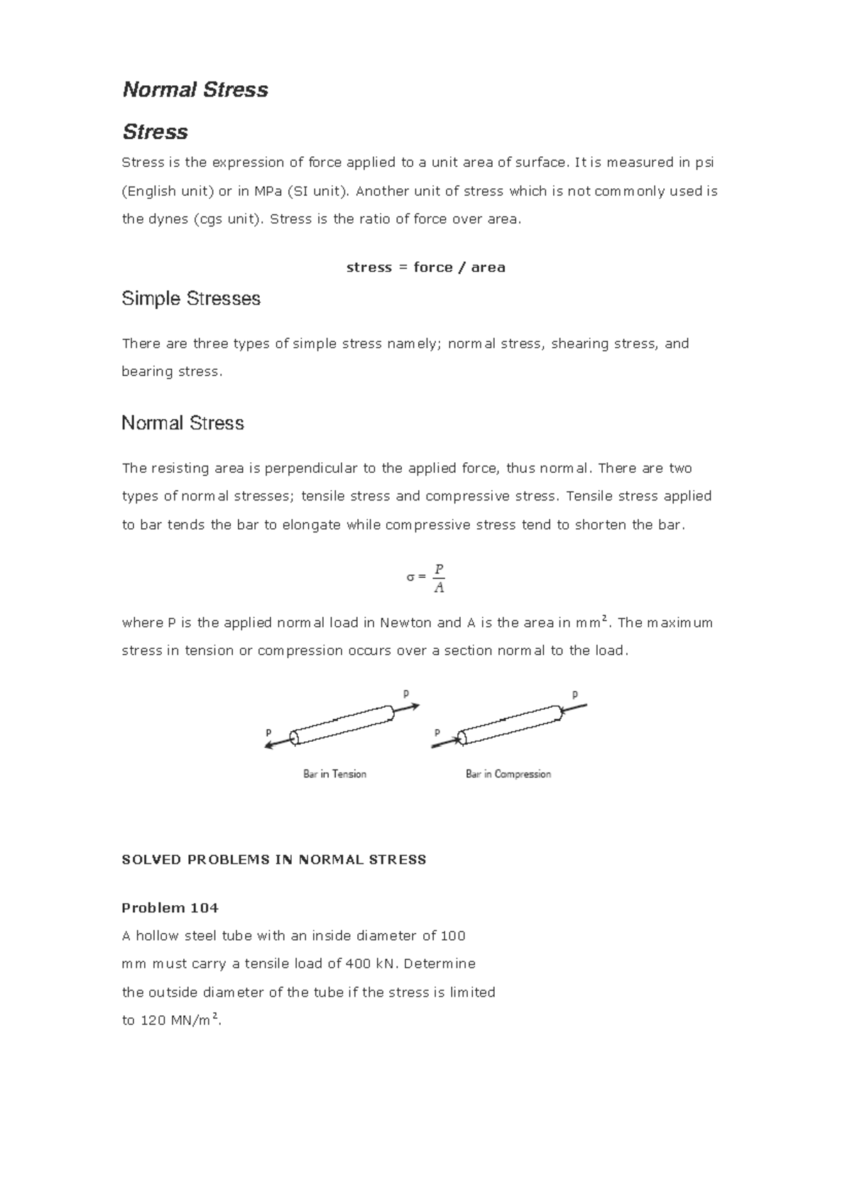 Normal Stress and Shearing Stress: Key Concepts and Solved Problems ...