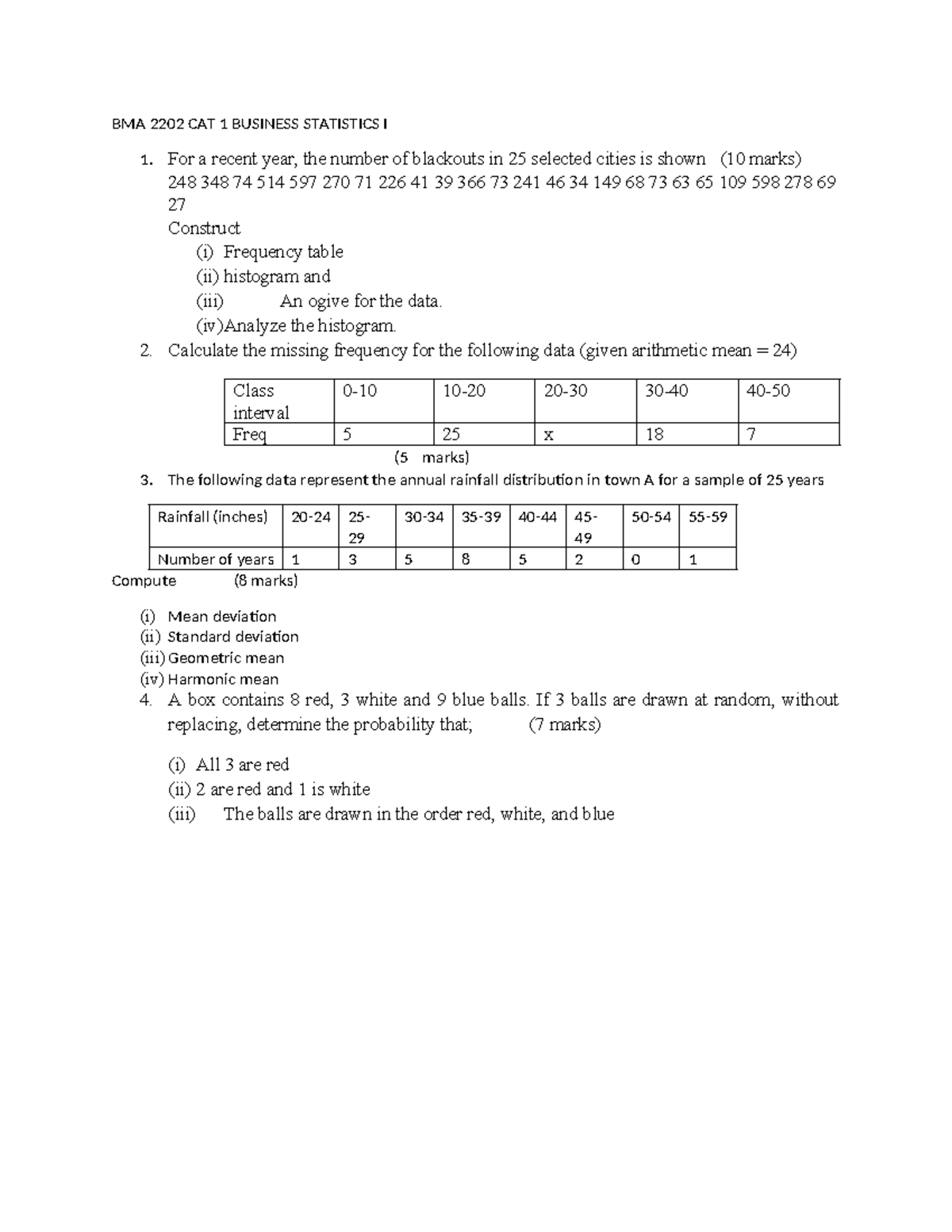 BMA 2202 CAT 1 Business Statistics I: Data Analysis & Probability - Studocu