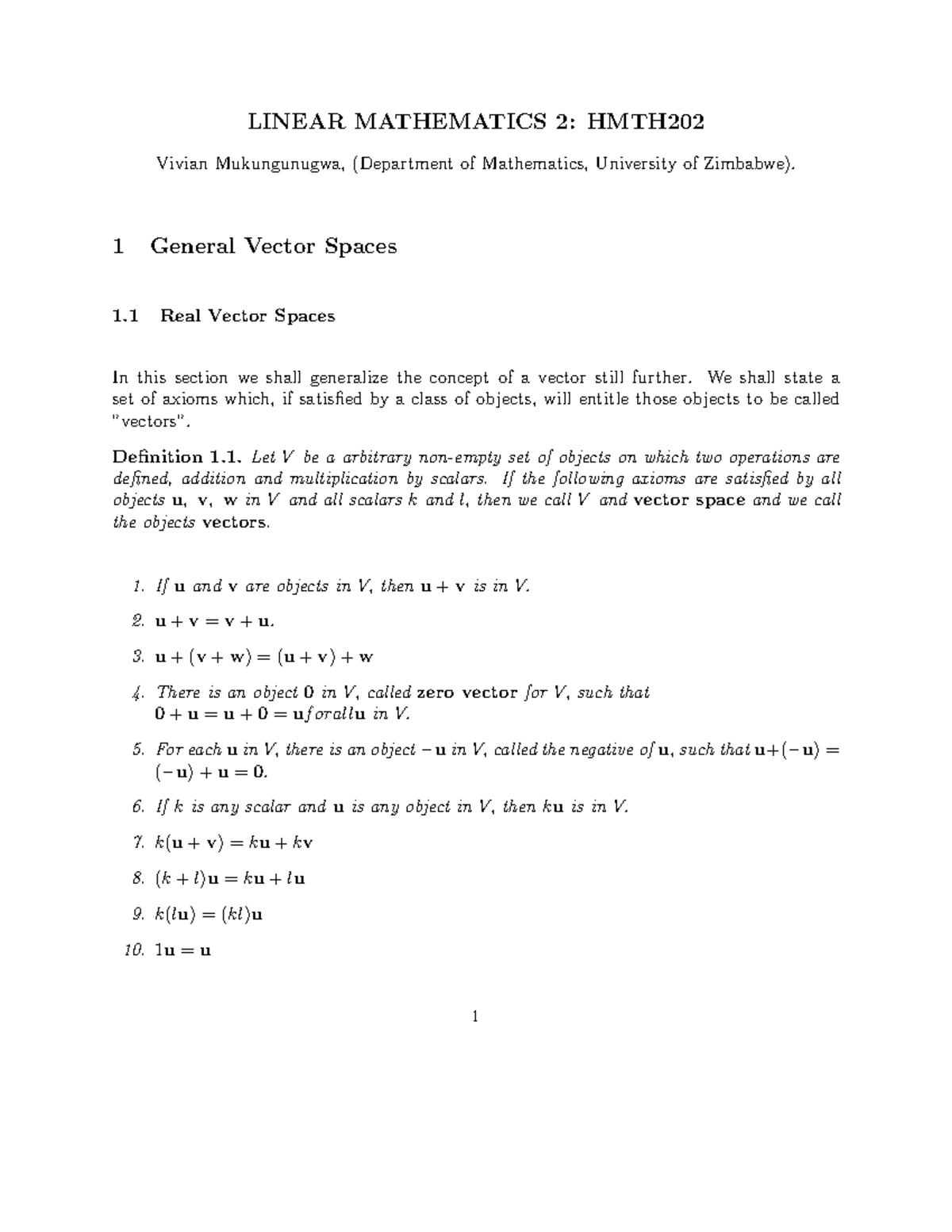 Linear Mathematics 2: HMTH - Lecture Notes Overview (Lectures 1-10 ...