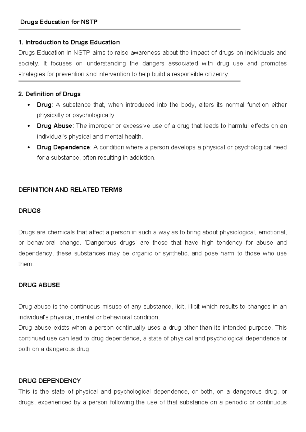 Drugs Education Overview for NSTP 1: Understanding Substance Abuse ...
