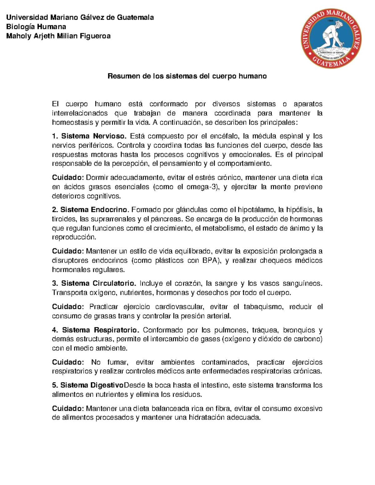 Resumen de los Sistemas del Cuerpo Humano - Biología Humana (MH-101 ...