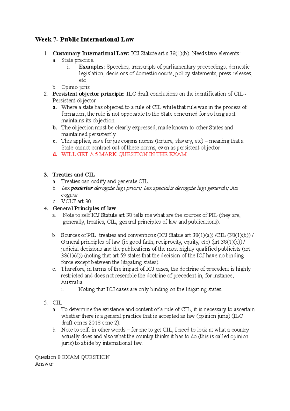 Public International Law Week 1: Customary Law & Exam Prep - Studocu