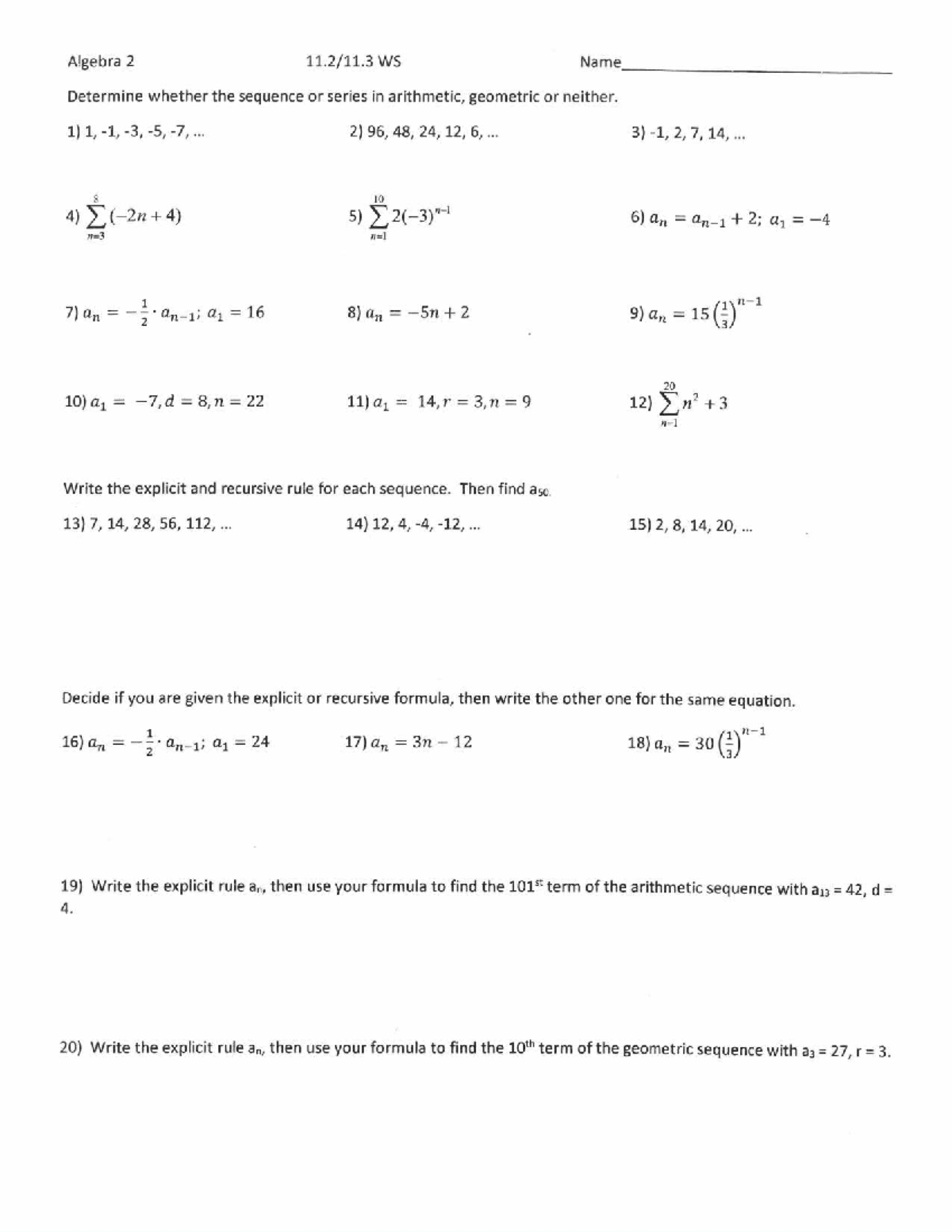Algebra 2 WS 11.2-11.3: Sequences & Series Analysis and Solutions - Studocu