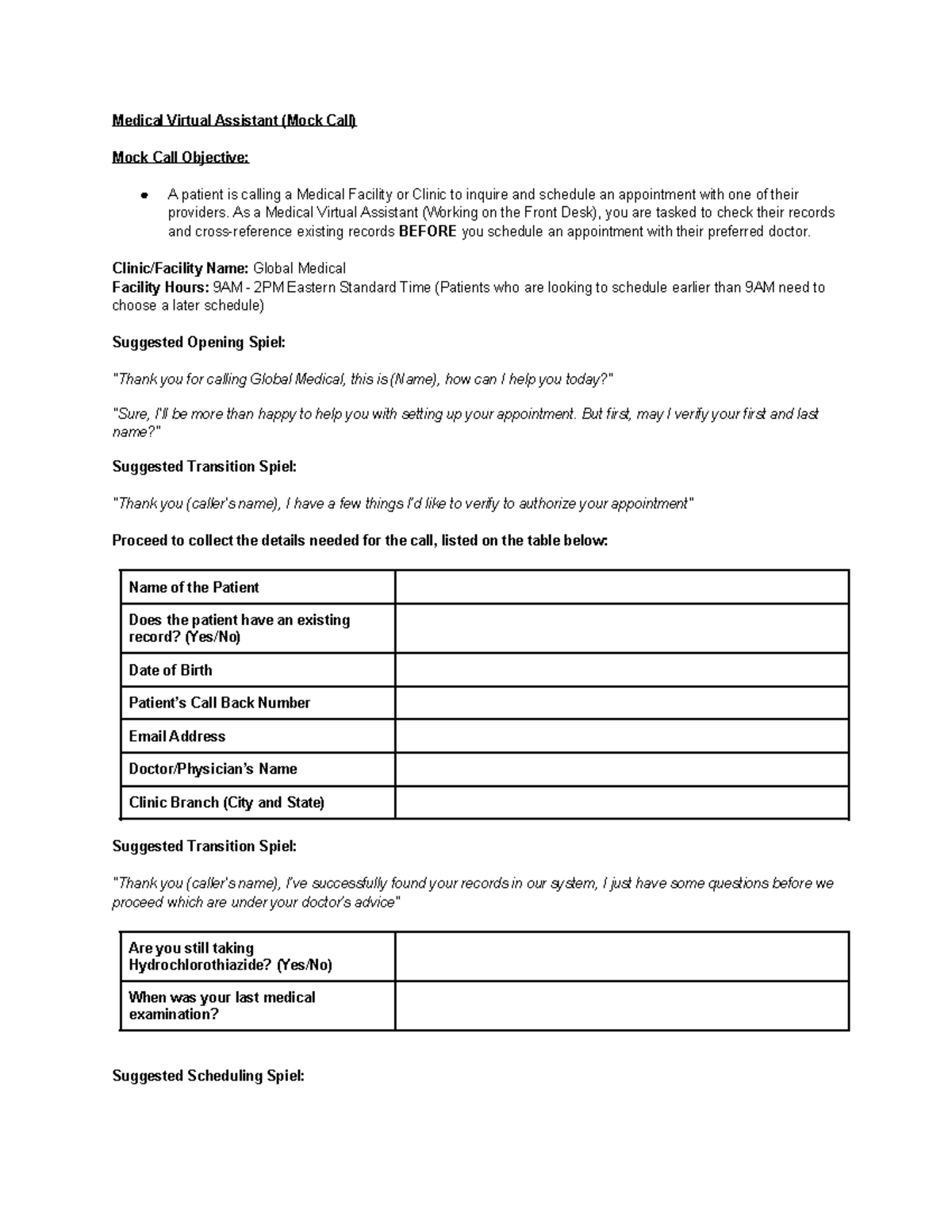 Global Med Mock Call Script for Medical Virtual Assistant - Studocu
