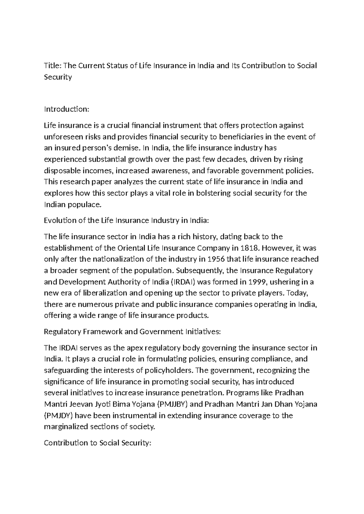 Life Insurance in India: Current Status & Social Security Impact - Studocu