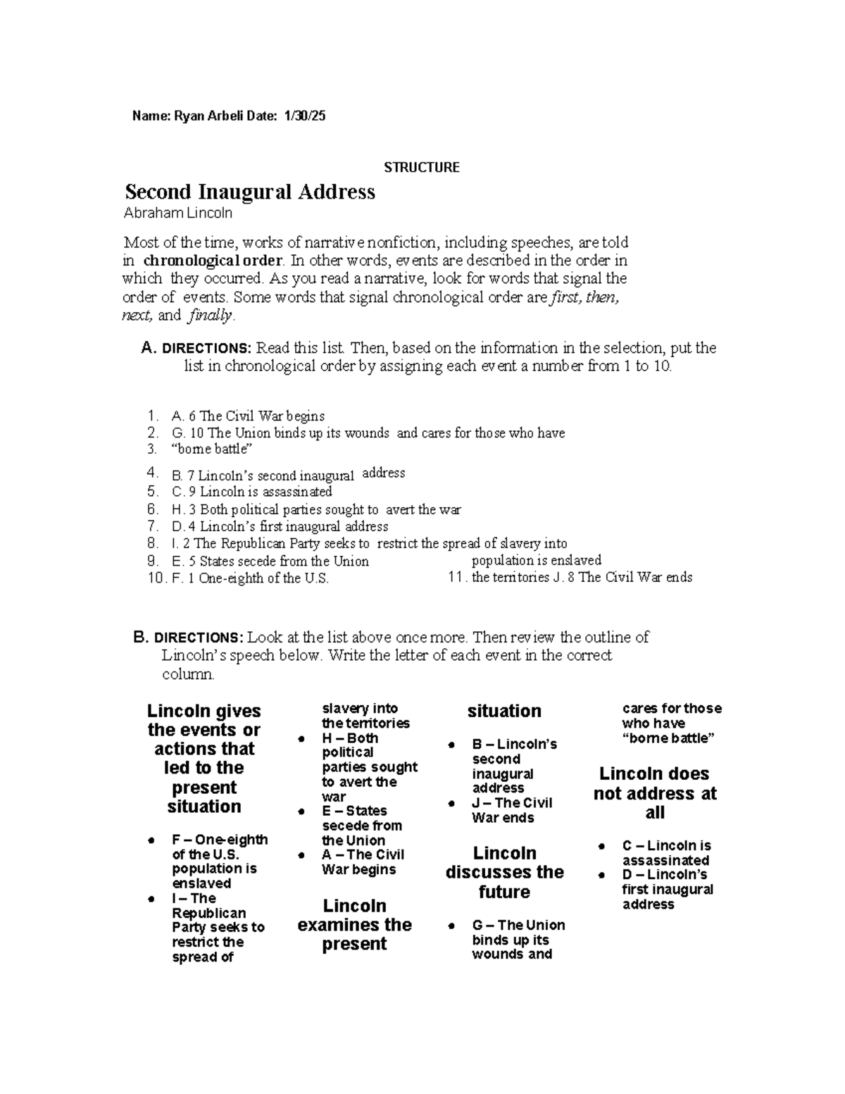 Analyzing Structure in Lincoln's Second Inaugural Address (ENG101 ...