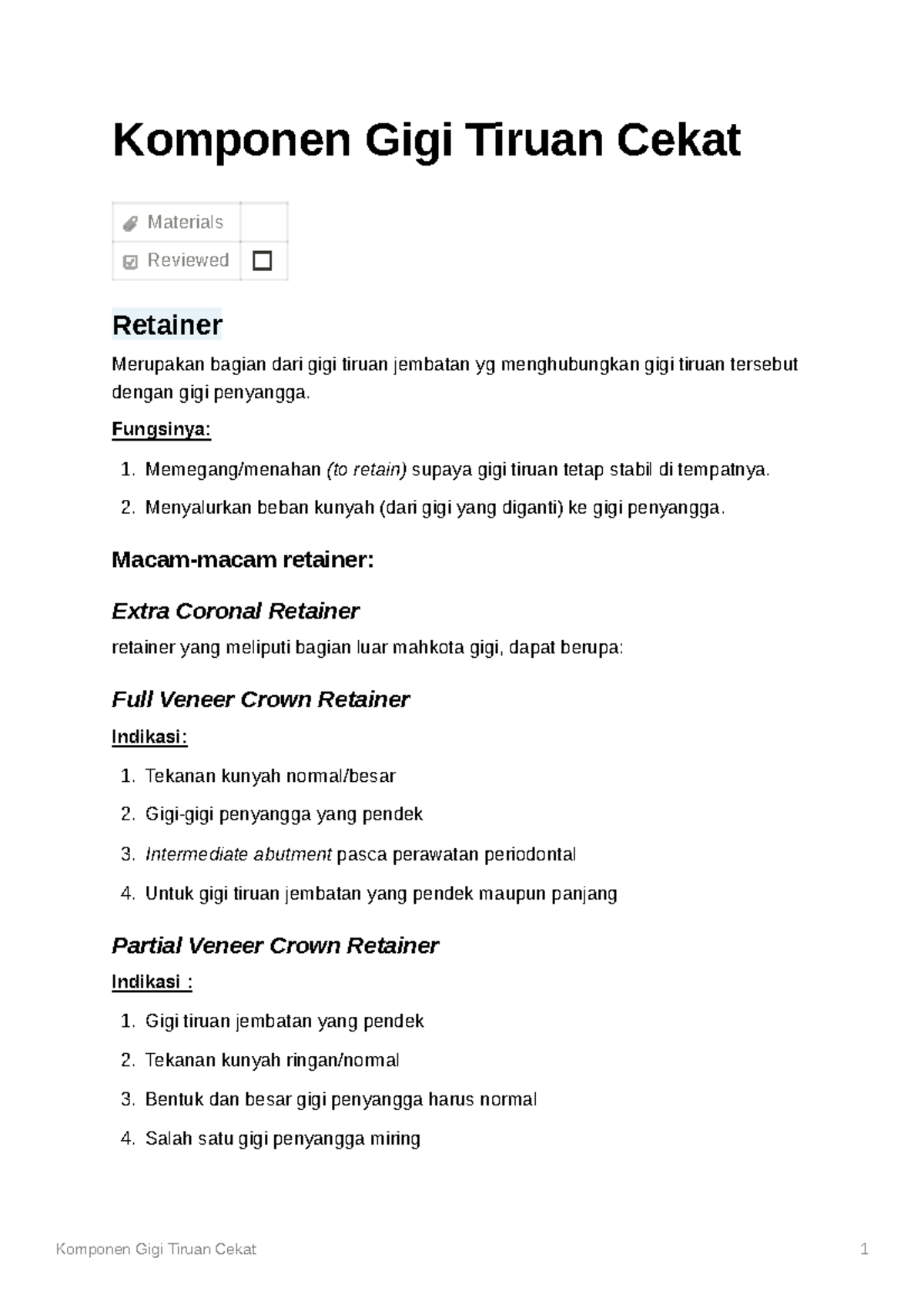 Komponen dan Fungsi Gigi Tiruan Cekat: Retainer dan Pontik - Studocu