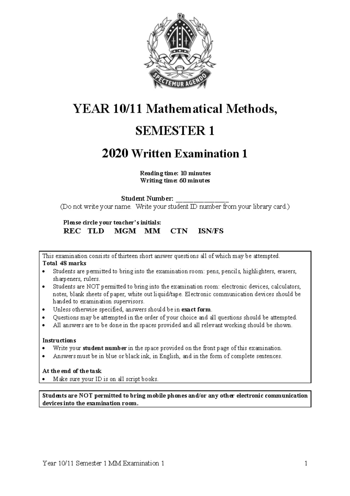 MM Year 2020 Semester 1 Written Examination 1 - Mathematical Methods ...