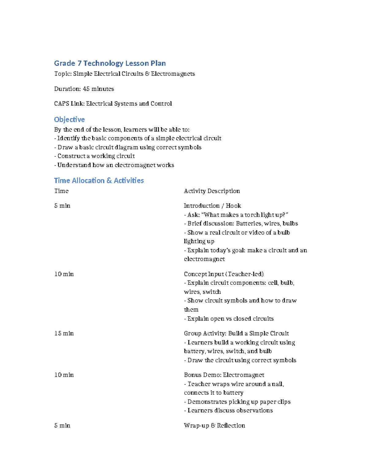 Grade 7 Technology Lesson Plan: Simple Electrical Circuits ...