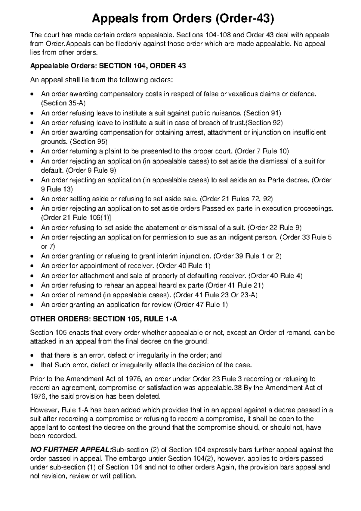 Appeals from Orders: Understanding Order 43 and Section 104 - Studocu