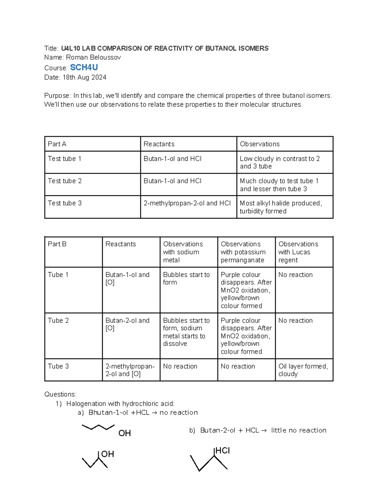 U4L10 LAB: Comparing Reactivity of Butanol Isomers in Reactions - Studocu