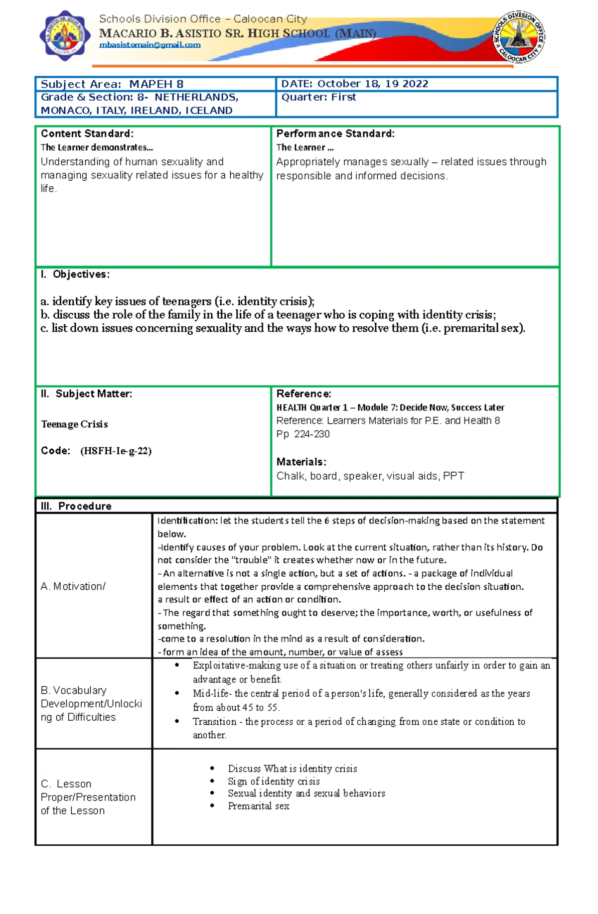 DLP9-Q1-BMI - MAPEH 8 Lesson Plan on Body Mass Index and Fitness - Studocu