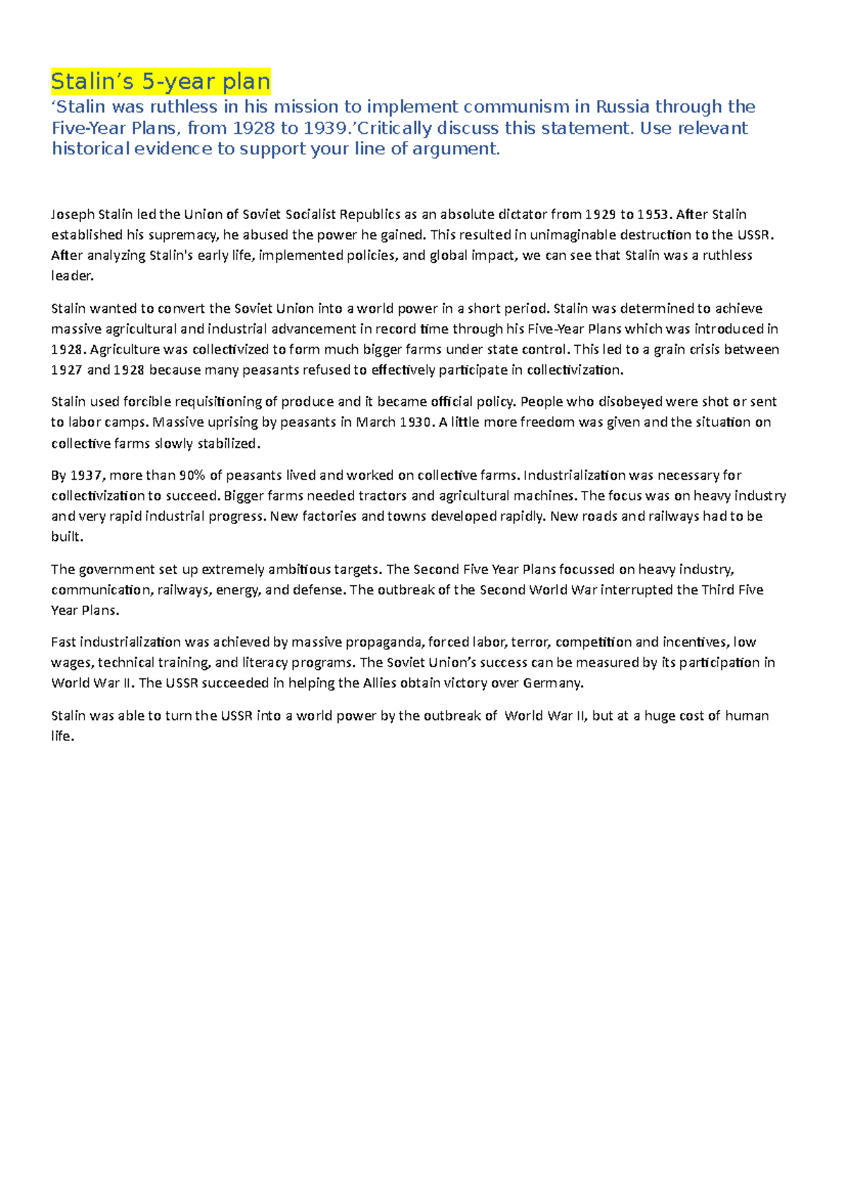 Stalins 5 year plan essays - Stalin’s 5-year plan ‘Stalin was ruthless ...