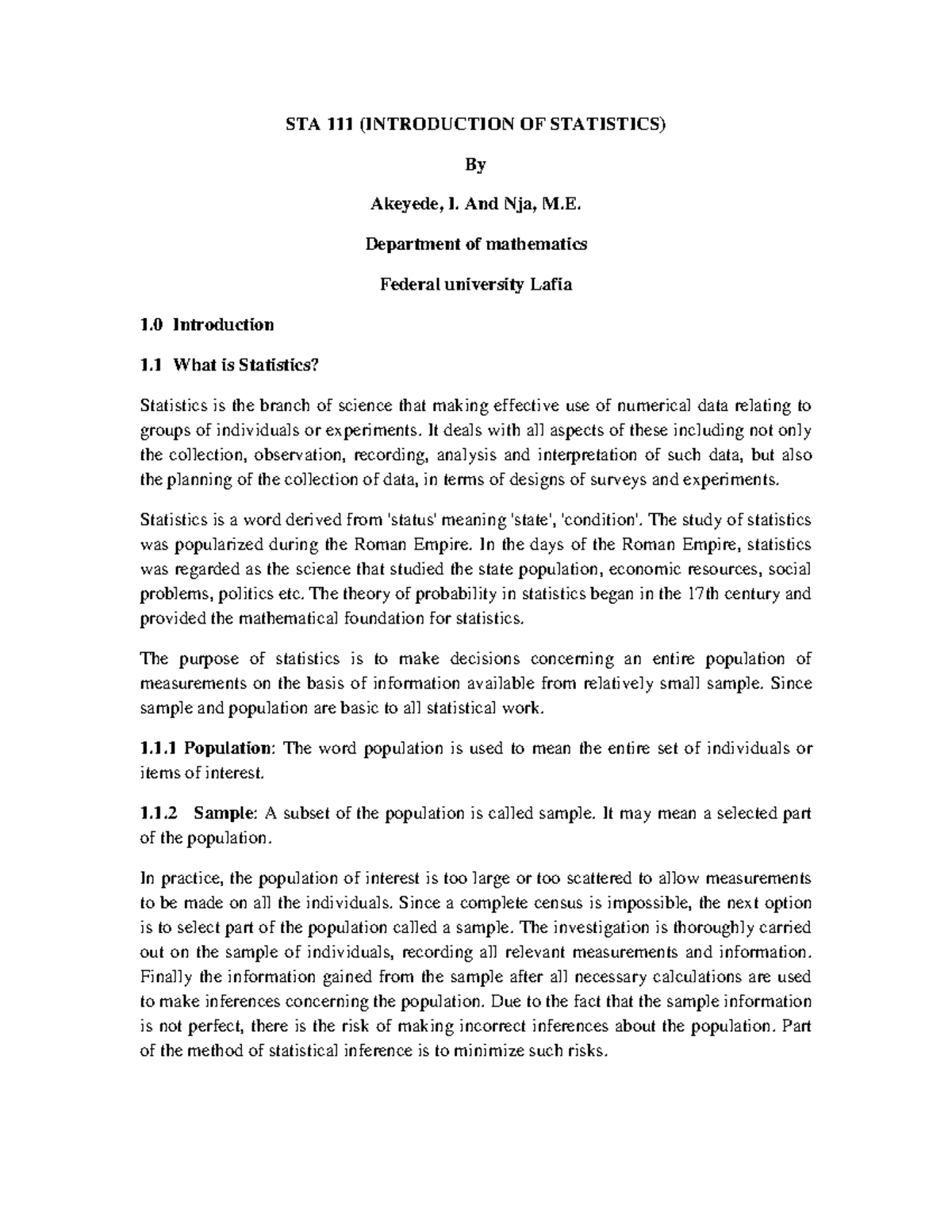 STA 111: Introduction to Statistics - Key Concepts and Methods - Studocu