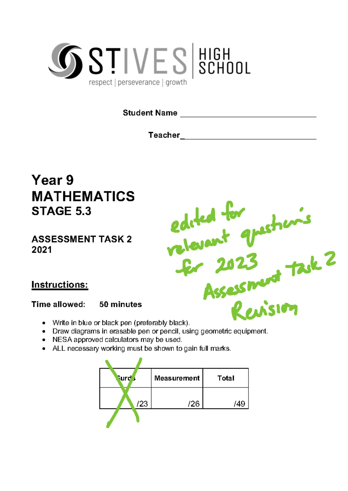 Year 9 Mathematics Stage 5.3 Assessment Task 2 Solutions 2021 - Studocu