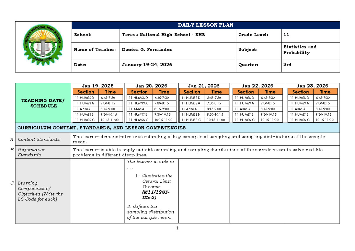 Statistics and Probability Daily Lesson Plan (SHS 11) - Jan 2026 - Studocu