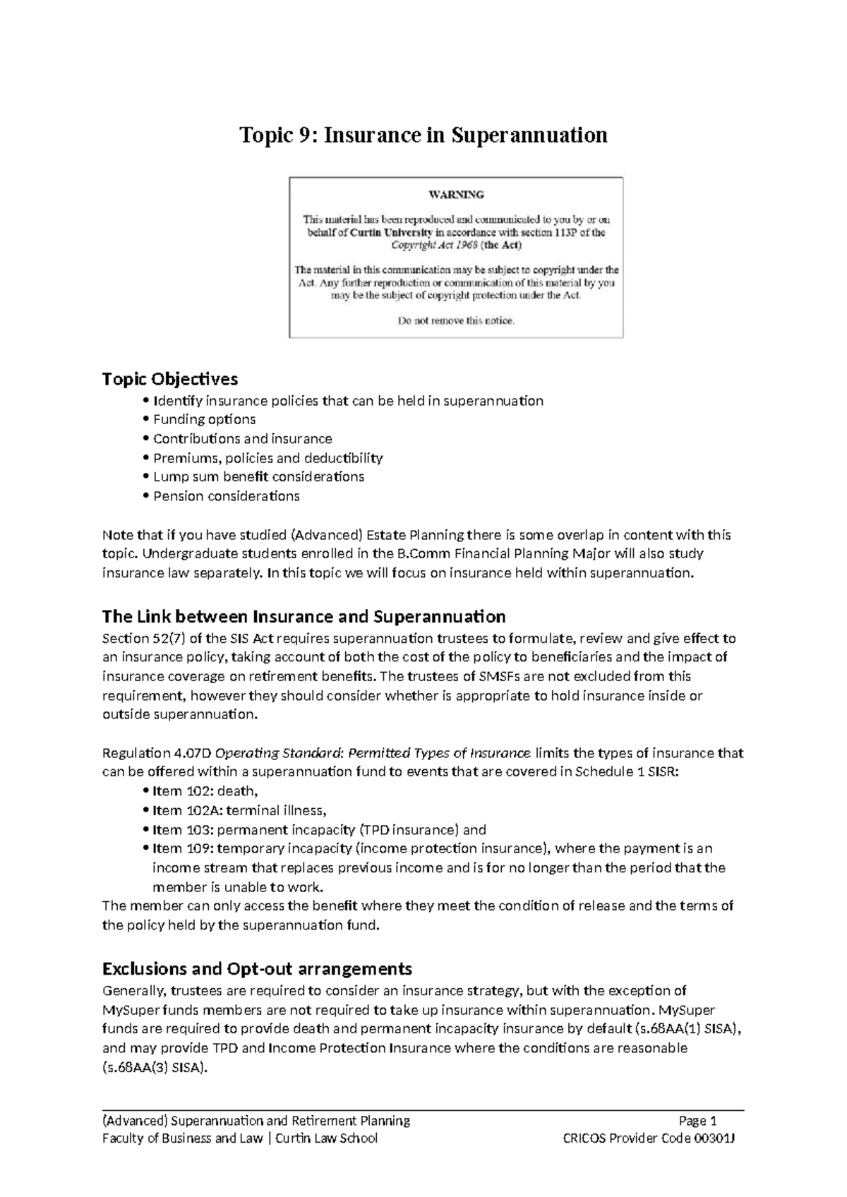 Topic 9: Insurance in Superannuation - Key Insights for 2024 - Studocu