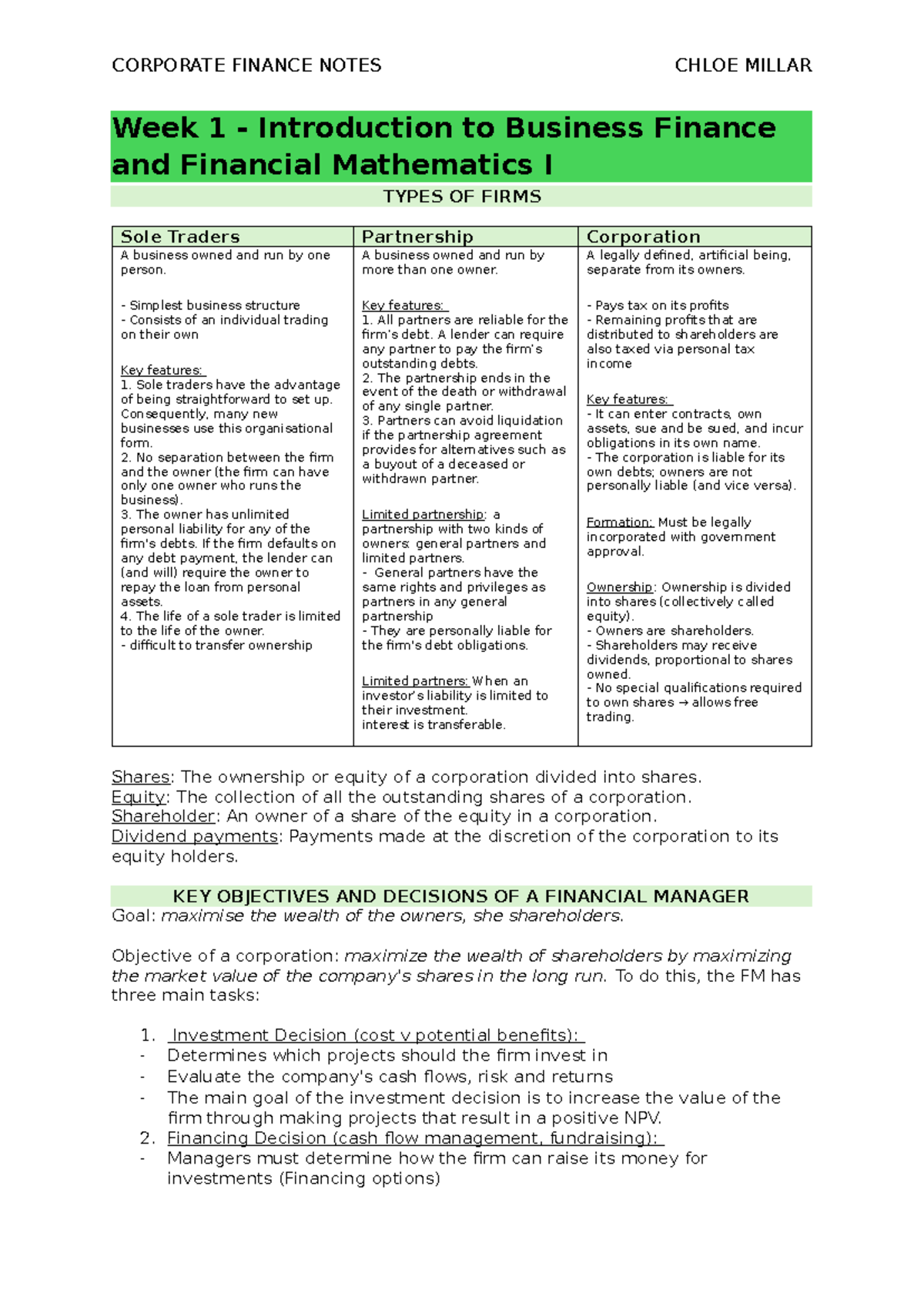 Corporate Finance Notes (FIN 101) - Week 1: Intro to Business Finance ...