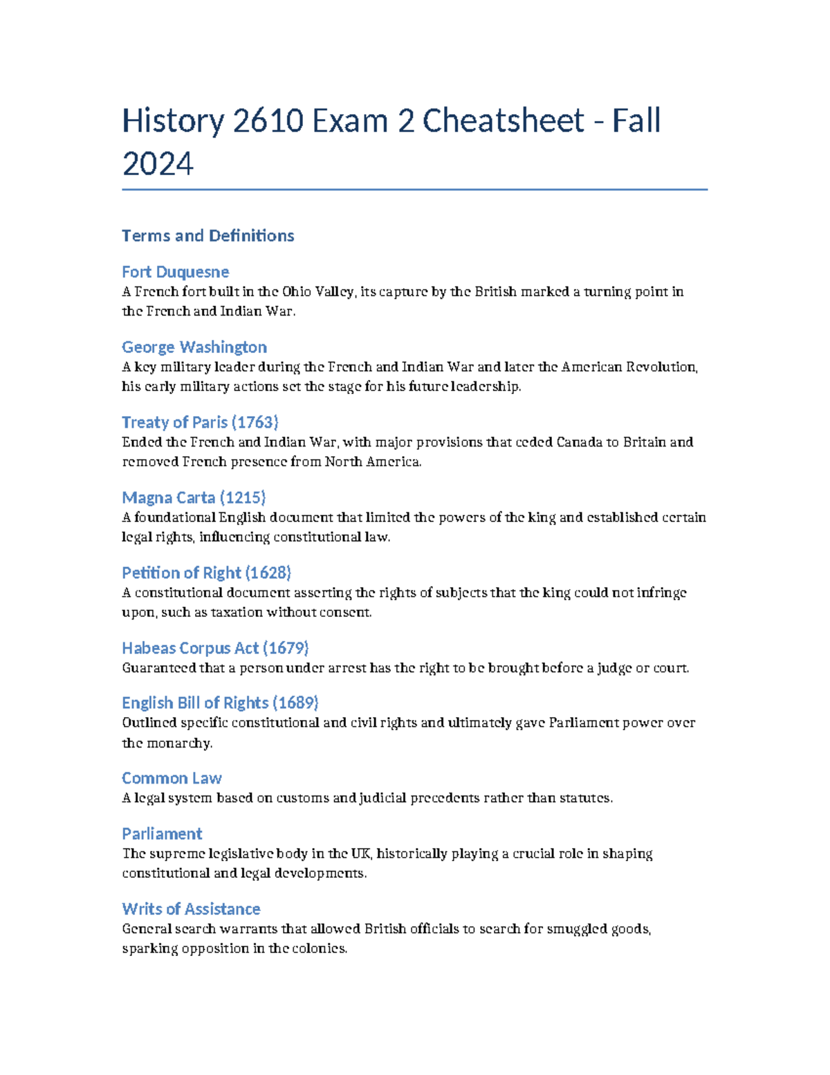 History 2610 Expanded Exam 2 Cheatsheet for Fall 2024 - Studocu