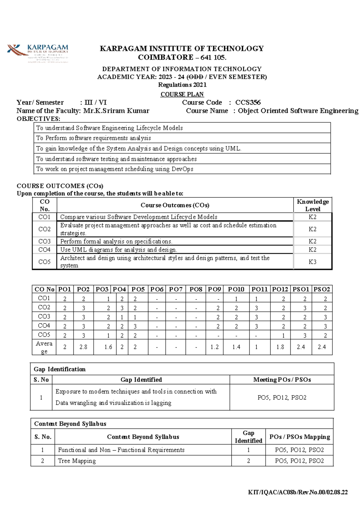 CCS356 Object Oriented Software Engineering Course Plan (2023-24) - Studocu
