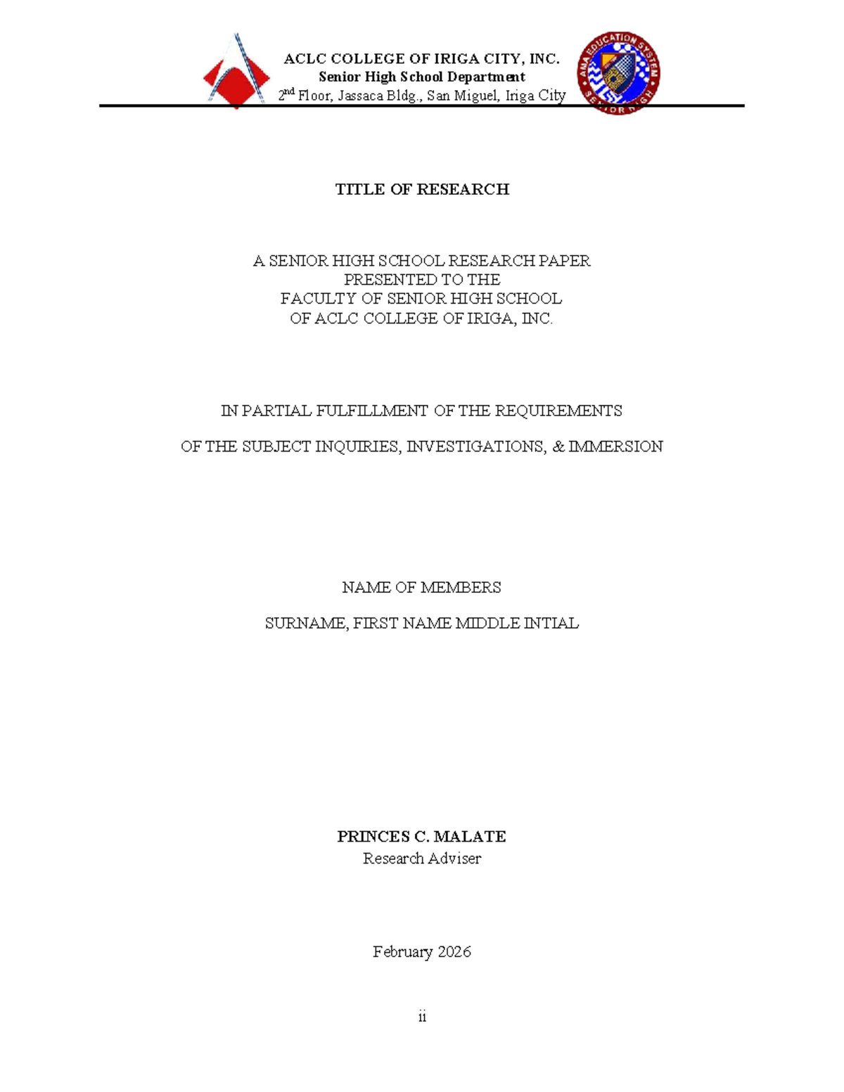 ACLC SHS Research Paper: Tulingan Products Study for Inquiries ...