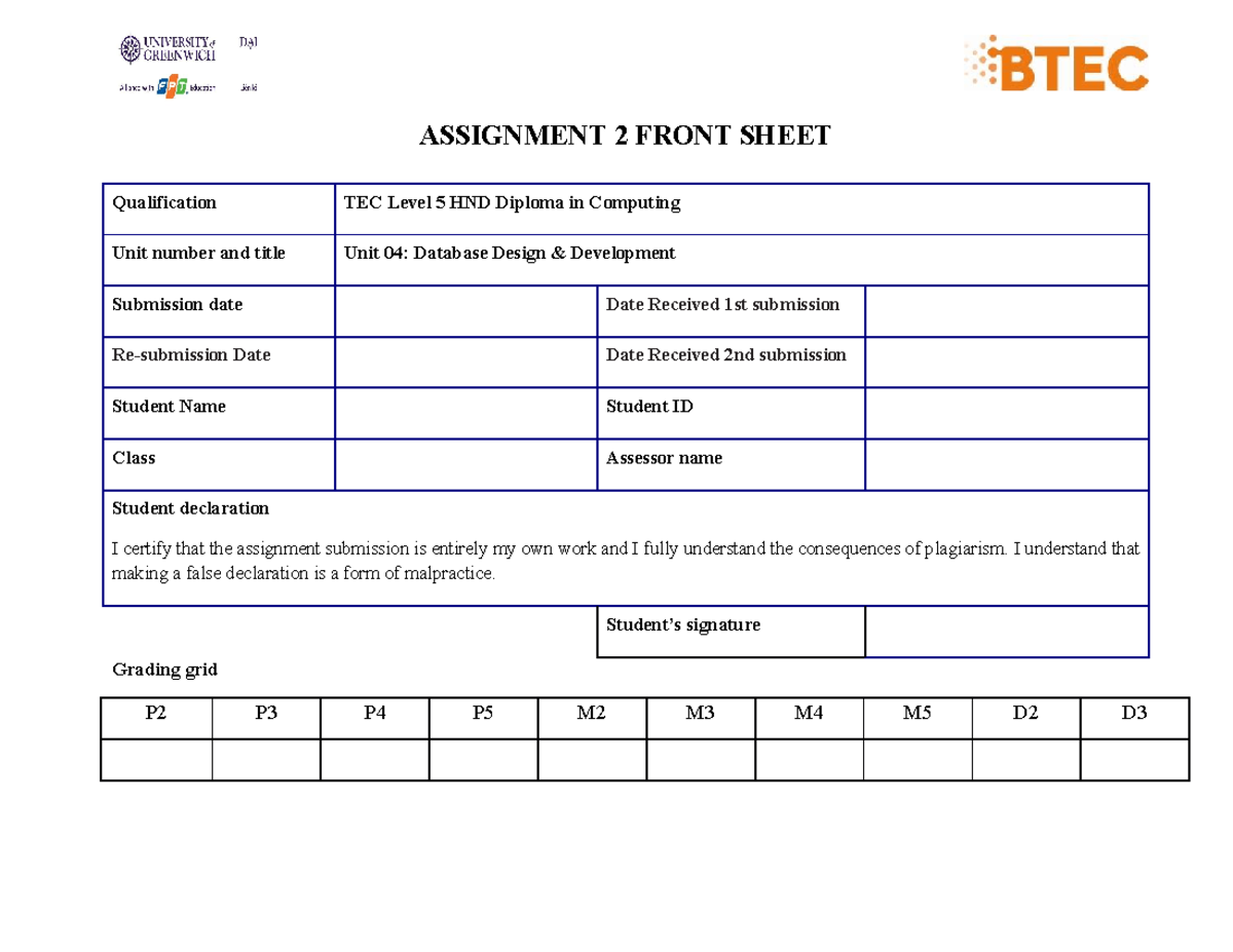 1 04-DDD - PAss - ASSIGNMENT 2 FRONT SHEET Qualification TEC Level 5 HND Diploma in Computing ...