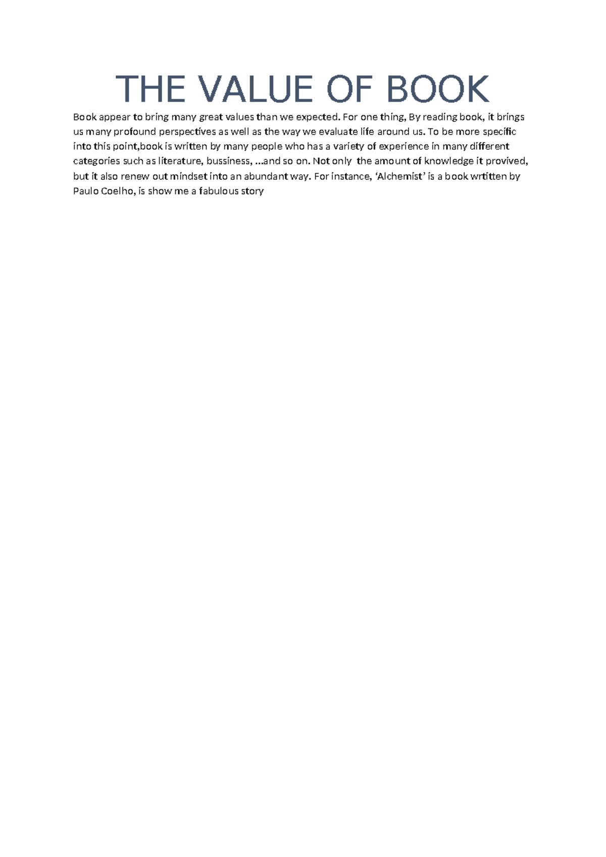 The Value Of Book - Reading material - THE VALUE OF BOOK Book appear to ...
