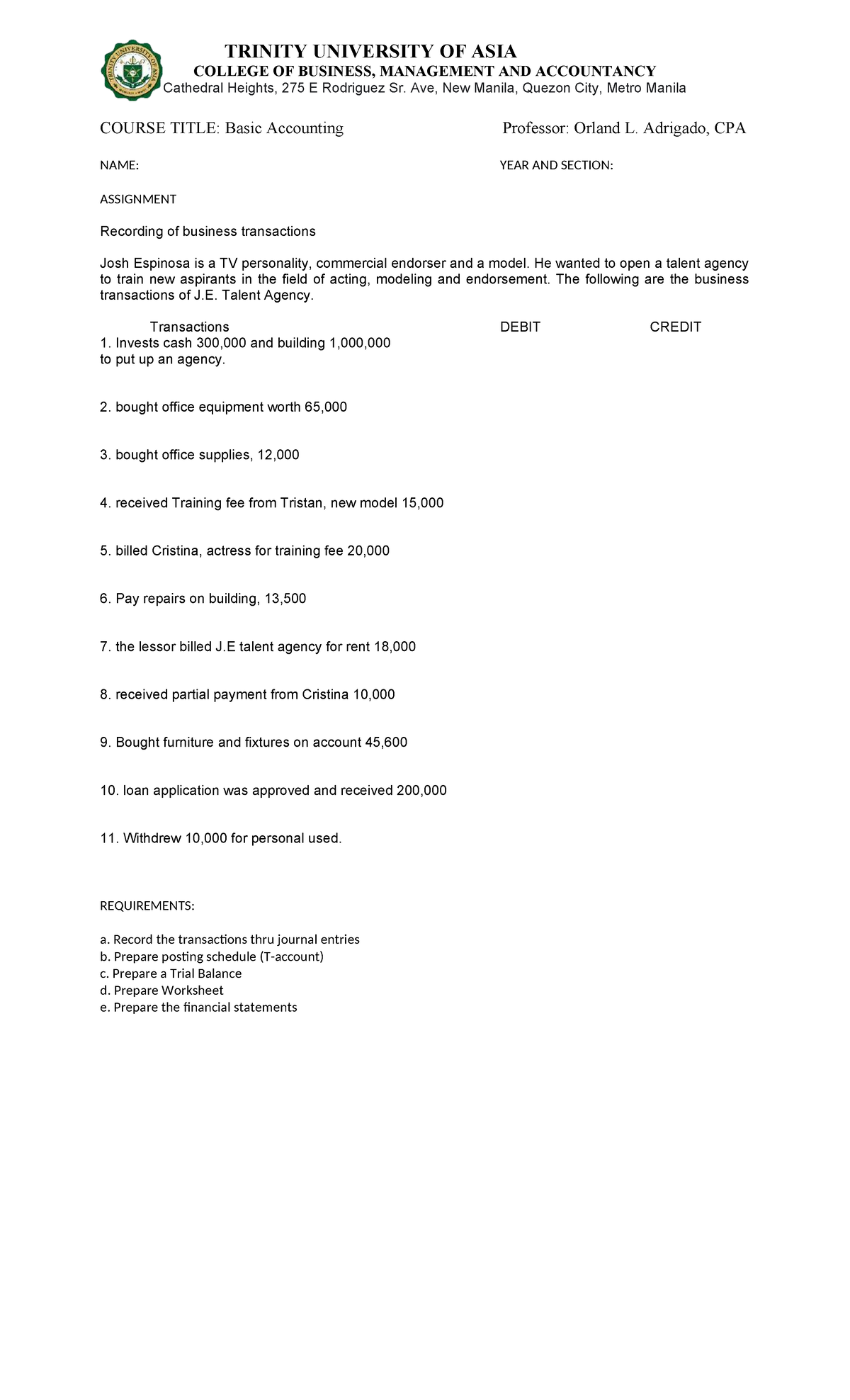 Basic Accounting (BA101) Seatwork: Recording Business Transactions - Studocu