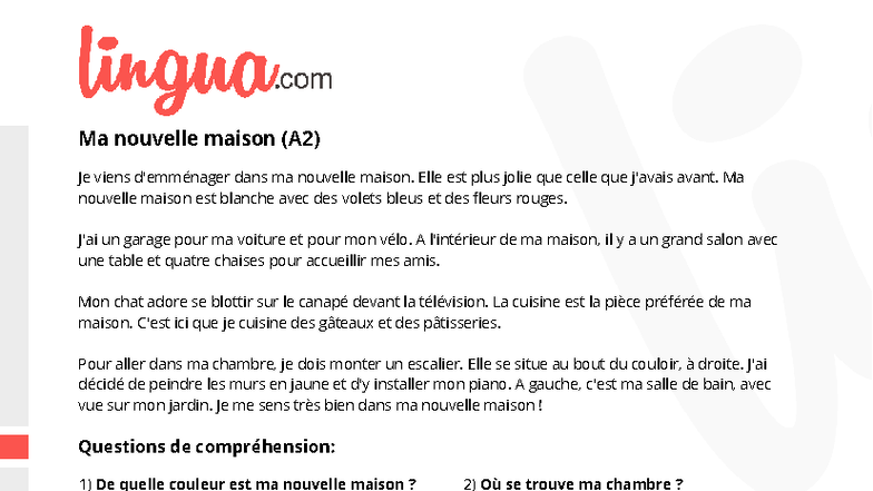 Ma nouvelle maison (A2) - Description et Questions de Compréhension ...
