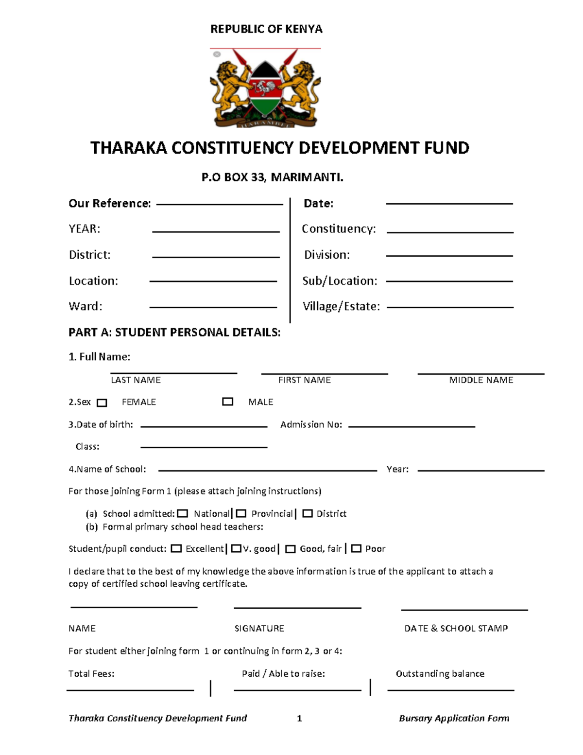 Tharaka CDF Bursary Application Form for Students - Studocu