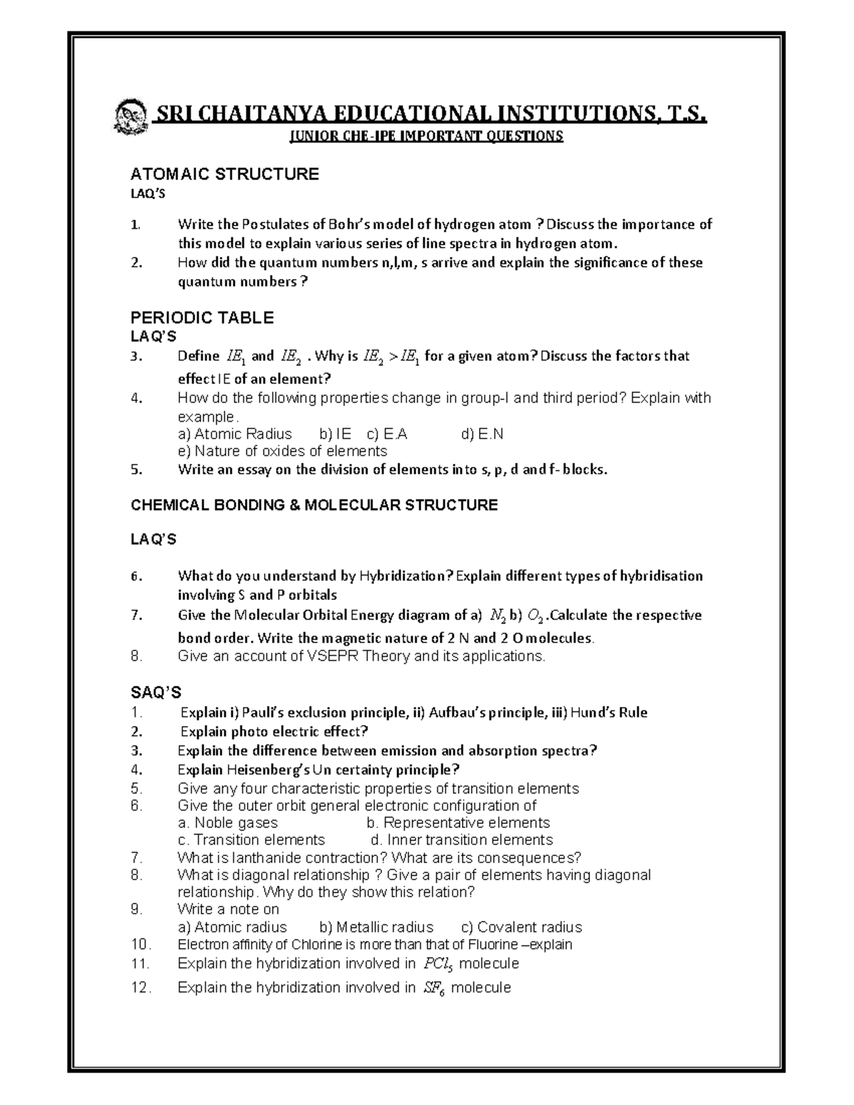 Junior CHE-IPE Important Questions on Atomic Structure and Chemical ...