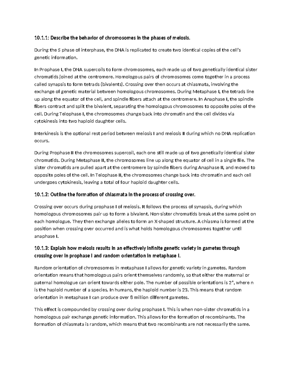 IB HL Biology Topic 10: Meiosis, Genetic Variation & Inheritance Notes ...