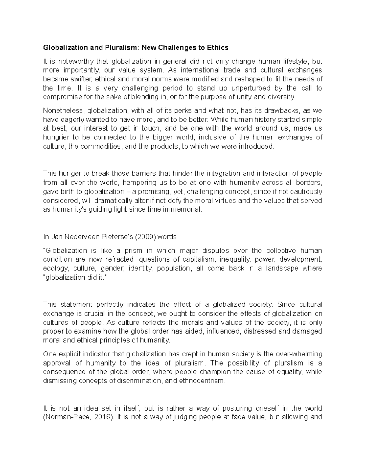 Globalization and Pluralism - New Challenges to Ethics - As ...