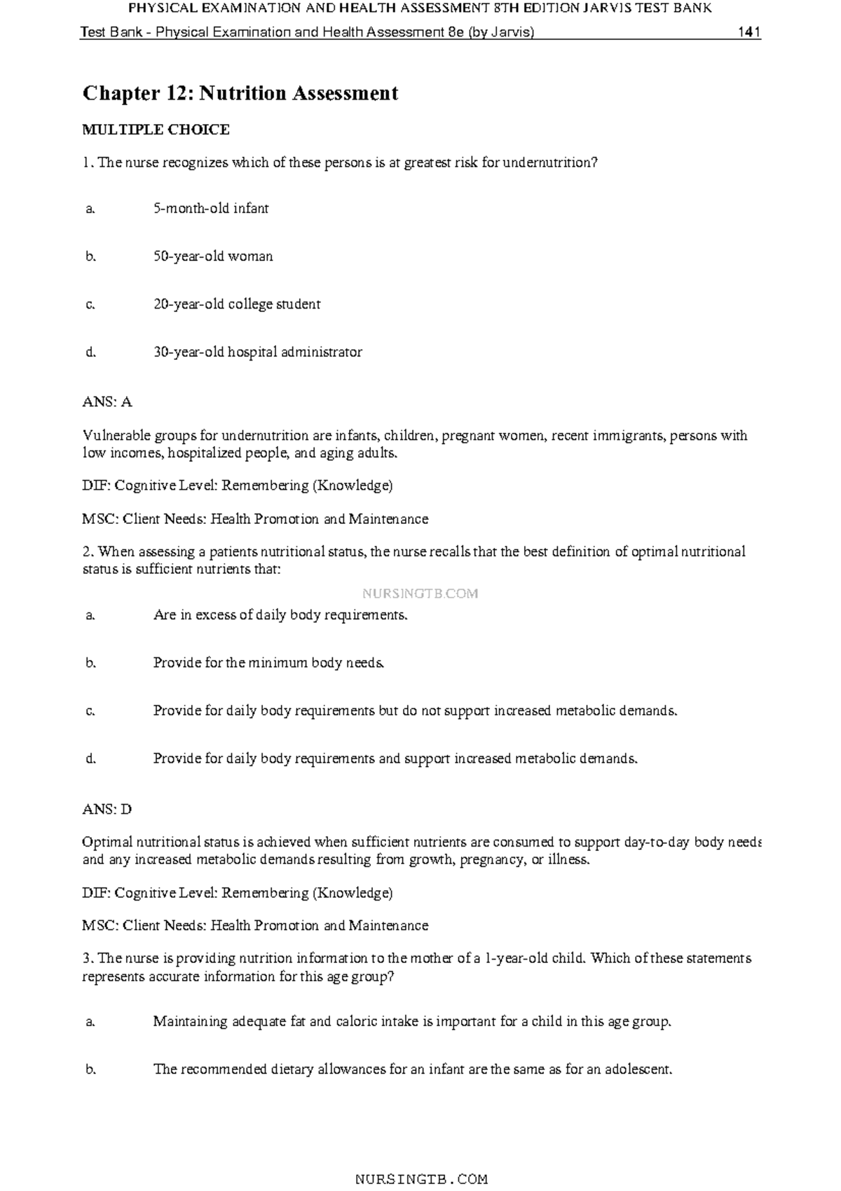 Nutrition Assessment in Nursing - TB-Chapter 12 Review Document - Studocu