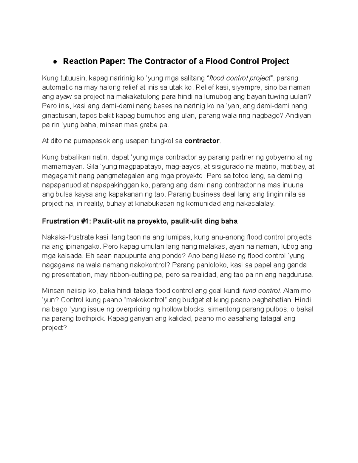 Reaction Paper - ESSAY: Frustrations on Flood Control Projects - Studocu