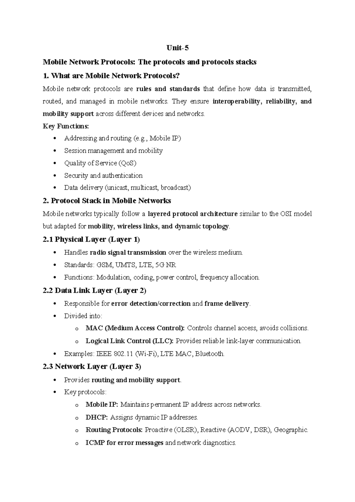 Unit-5 MNC: Overview of Mobile Network Protocols and OSI Model - Studocu