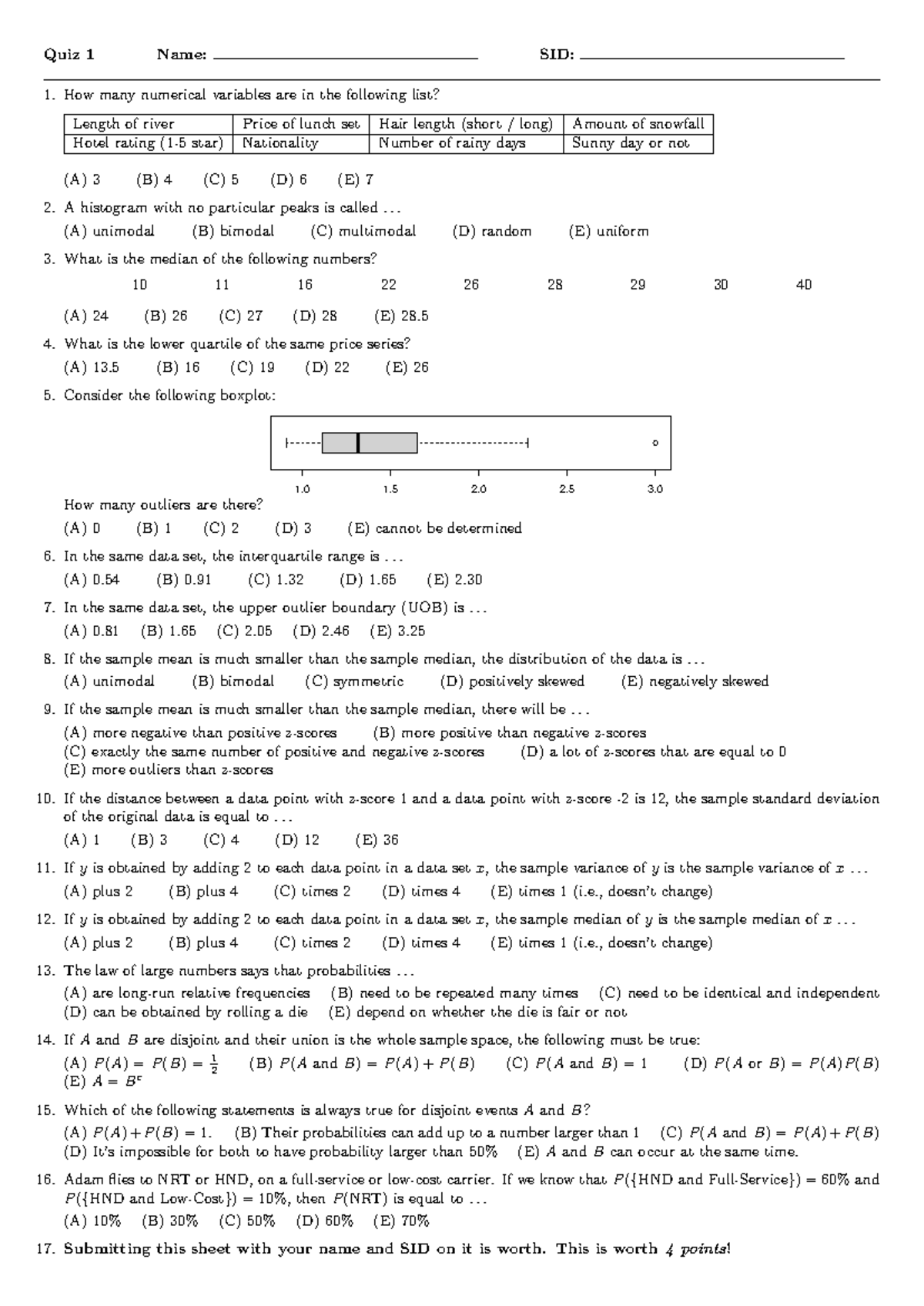 Quiz 1: Mock Questions and Answers for Statistics - Studocu