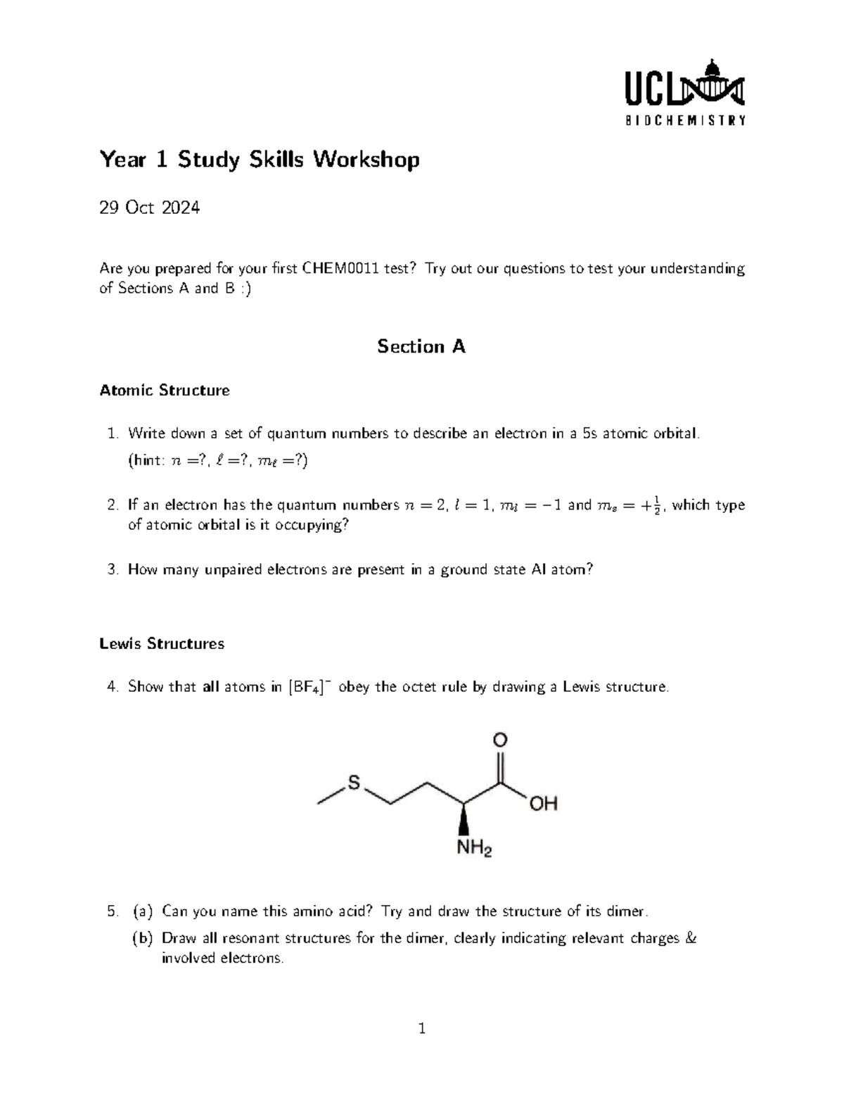 CHEM0011 Year 1 Study Skills Workshop: Test Prep & Practice Questions ...
