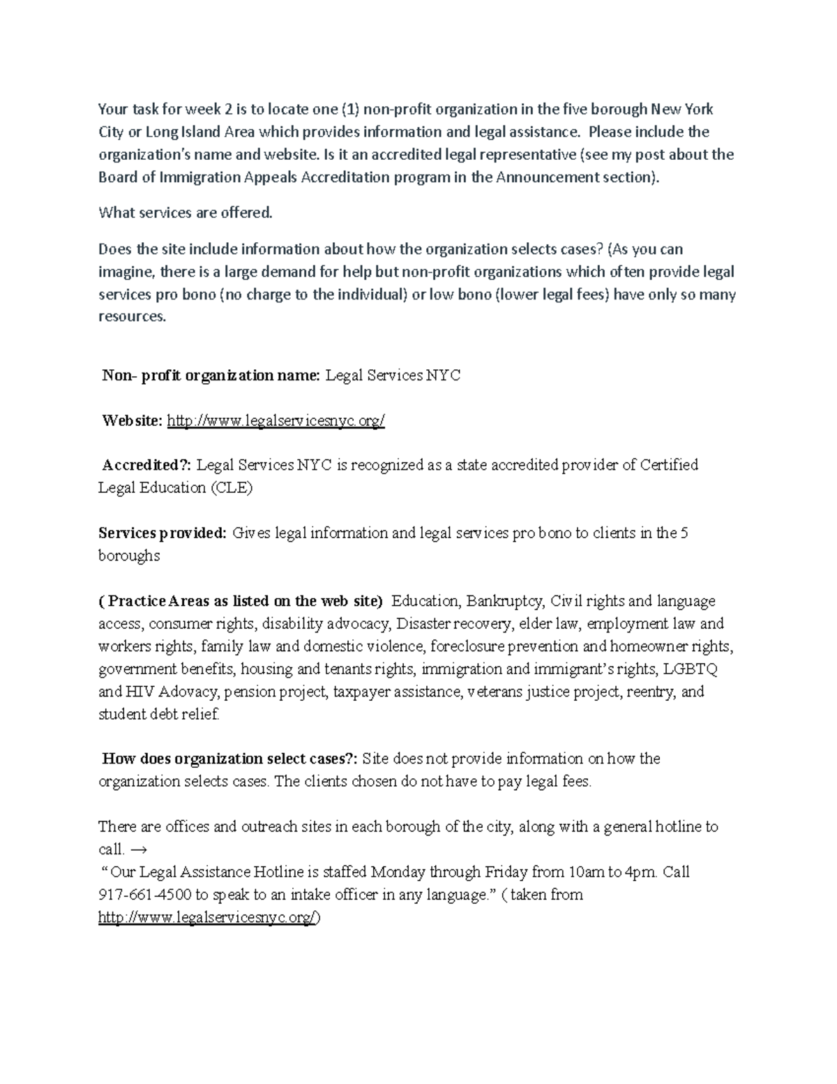 Legal 208 Week 2 Discussion: Non-Profit Legal Services Research - Studocu
