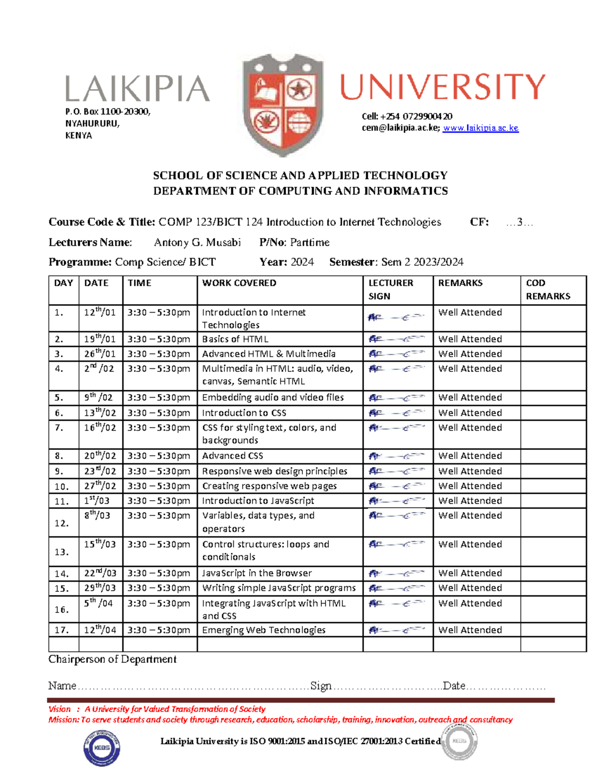 Lecturer's Attendance Form for COMP 124: Internet Technologies - Studocu