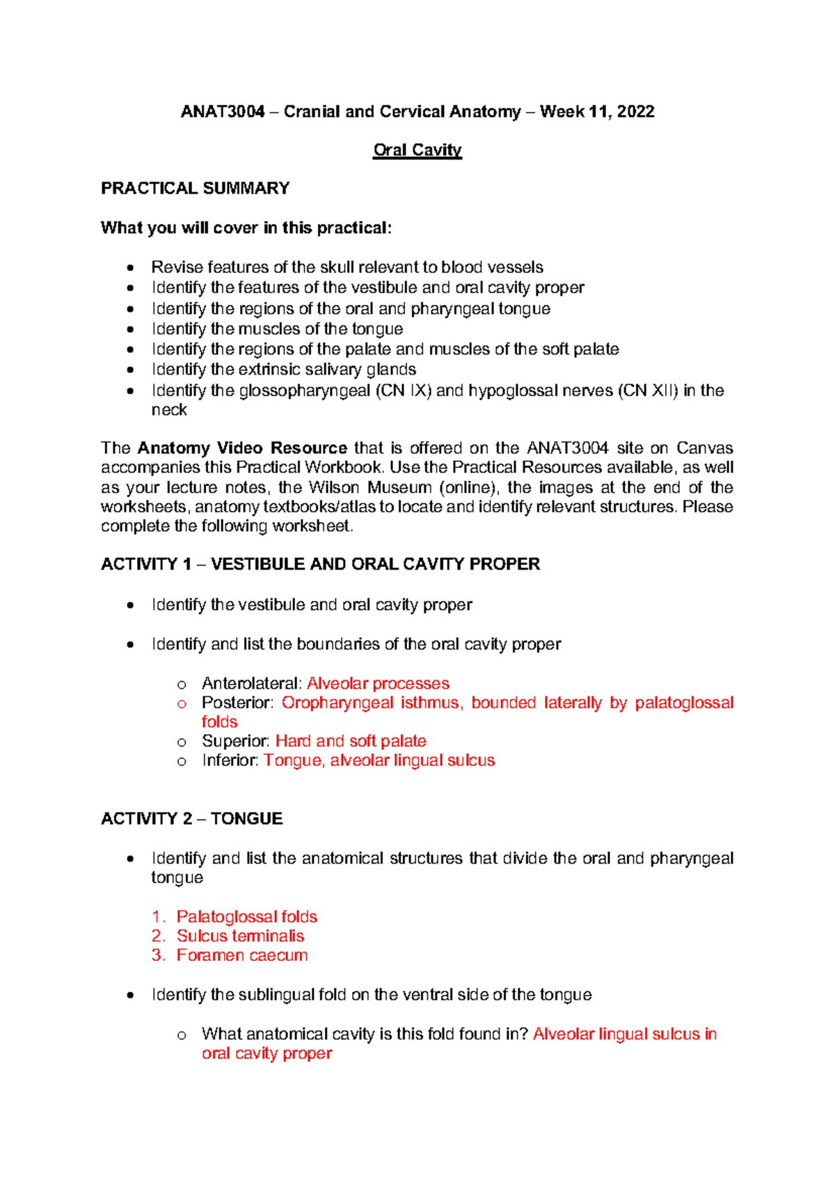 W11 Practical Worksheet (Oral Cavity) Answers - ANAT3004 – Cranial and ...