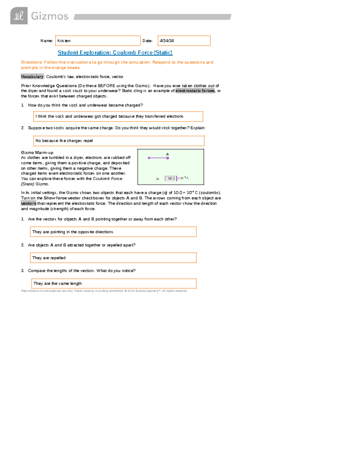 Gizmo - Coulomb's Law Exploration - All Answer Key & Insights - Studocu