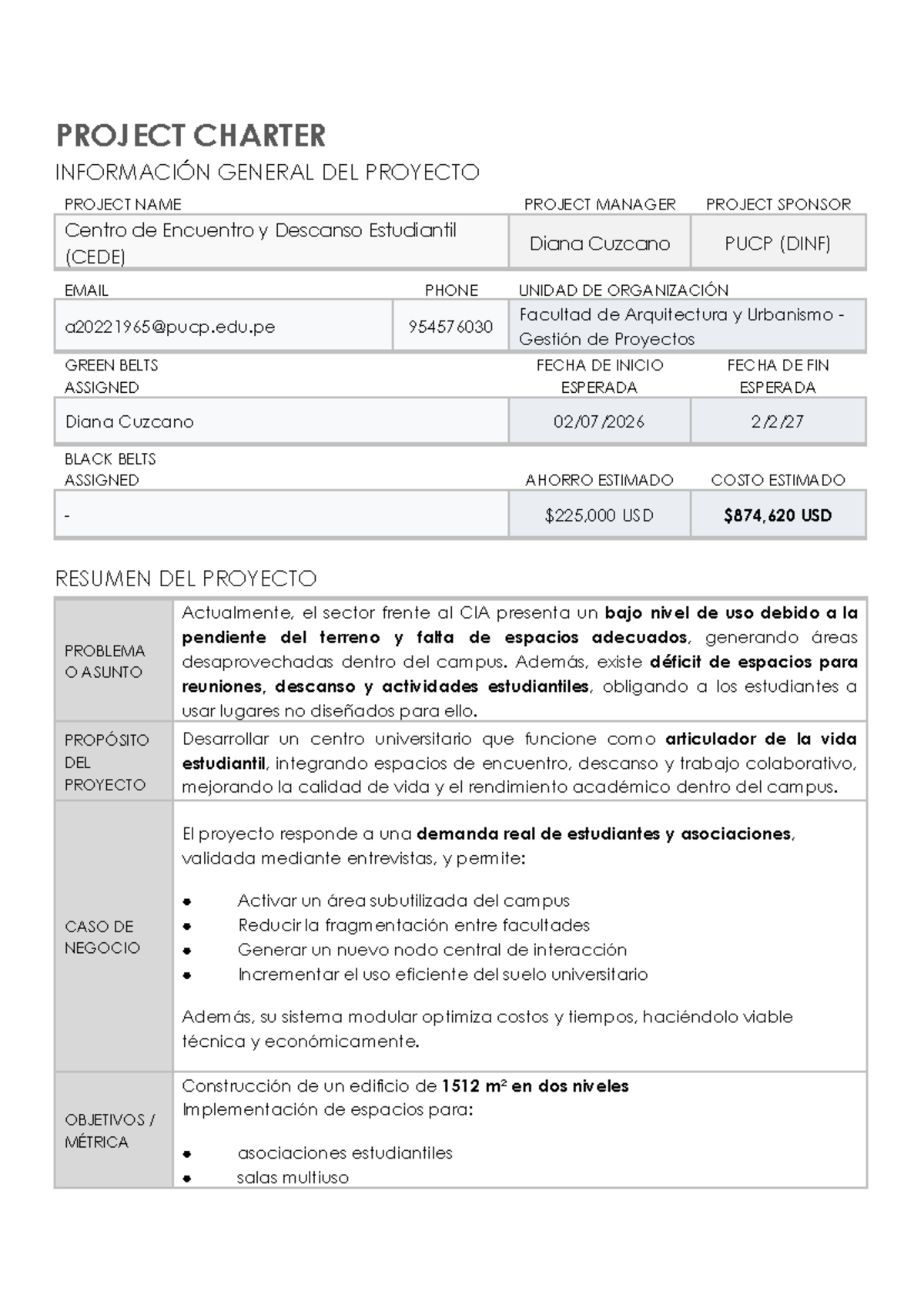 Proyecto de Centro Universitario - Project Charter (DINF) - Studocu
